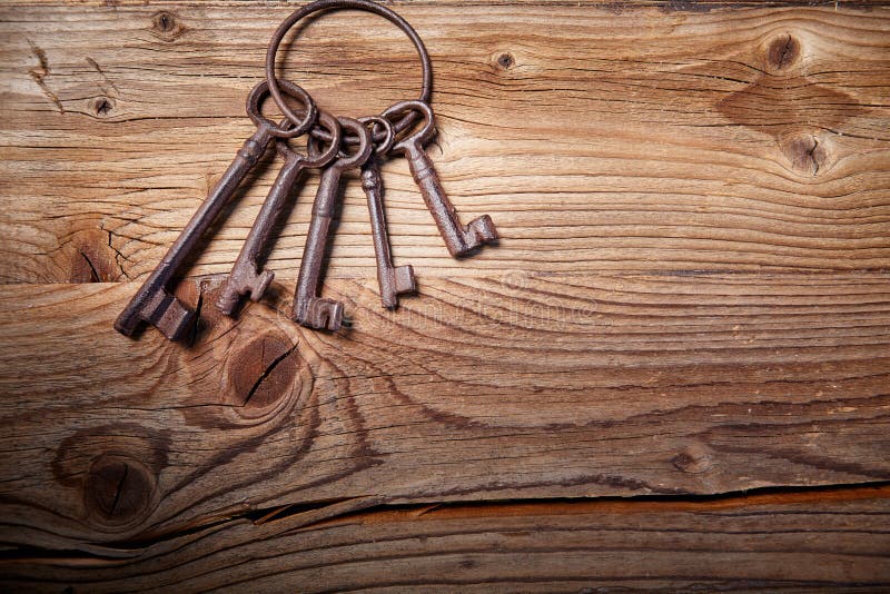 Rusty Medieval Keys on Wood Table Stock Image - Image of desk, business ...