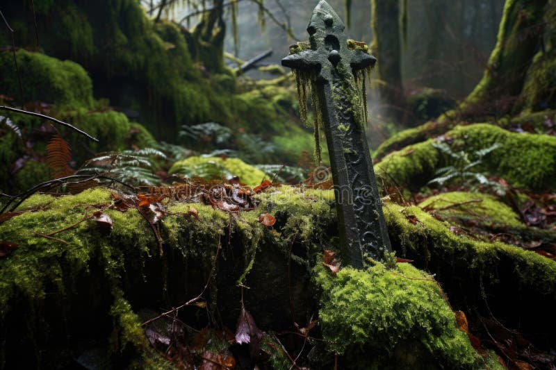 A Rusty Medieval Sword Lodged in a Moss-covered Stone in the Forest ...