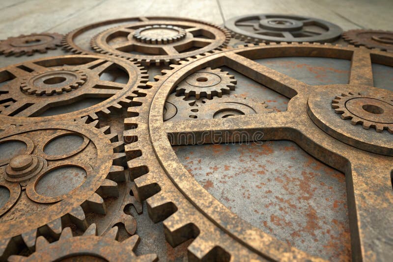 Rusty Metal Background with Gears and Cogs â€ 3D Illustration Stock ...
