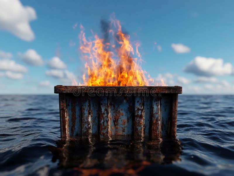 A Rusty Metal Container on Fire in the Middle of the Ocean Stock Photo ...