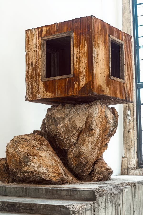 Rusty Metal Cube on a Rock Sculpture Stock Illustration - Illustration ...