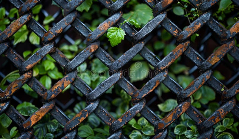 Rusty Metal Fence with Greenery. Green Leaves Growing through a Rusty ...