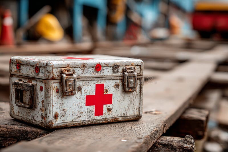 Rusty Metal First Aid Kit Sitting on Worn Wooden Planks Stock Photo ...