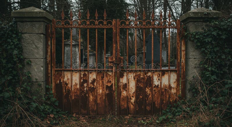 Rusty Metal Gate at Cemetery Entrance Stock Illustration - Illustration ...