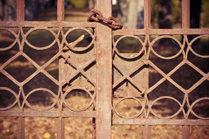 Rusty Metal Gate Closed with Chain and Padlock Stock Image - Image of ...