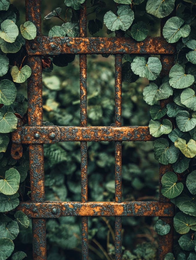Rusty Metal Gate Surrounded by Lush Green Leaves. Stock Photo - Image ...