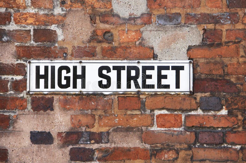 Rusty Metal High Street Road Sign on Brick Wall Stock Image - Image of ...