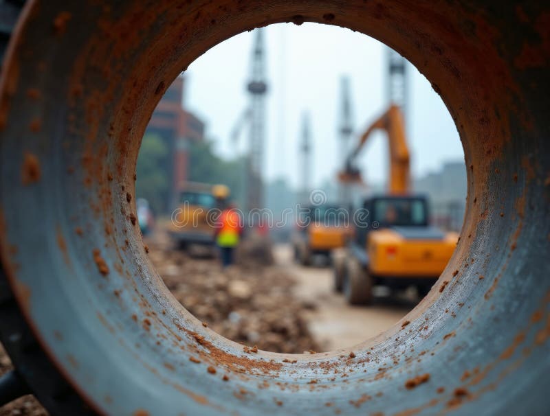 Rusty Metal Pipe with Blurred Construction Site Background Stock ...