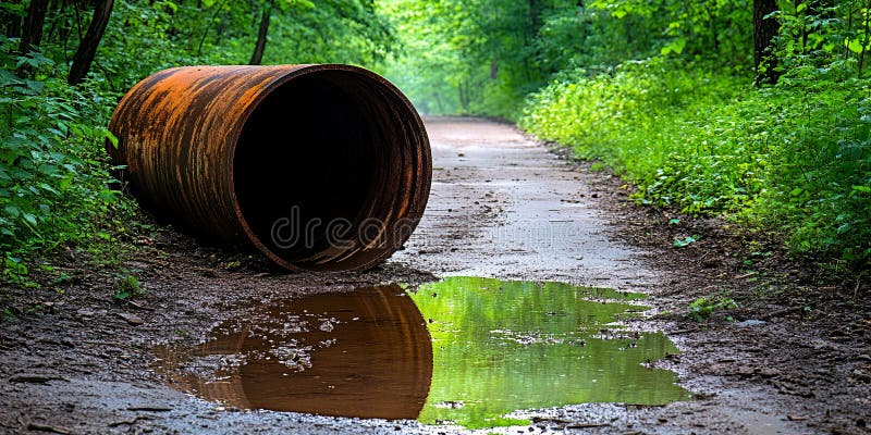 Rusty Metal Pipe beside Puddle on Forest Path Nature Scene Stock ...