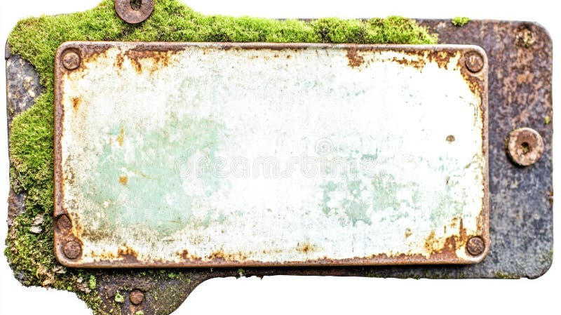 Rusty Metal Plate with Moss on White Background: Industrial Texture and ...