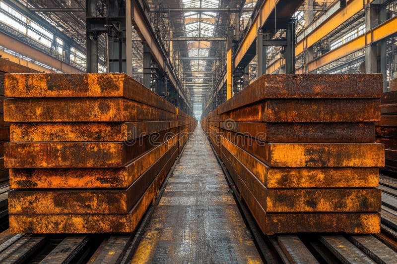 Rusty Steel Plates Stacked in Industrial Warehouse Stock Illustration ...