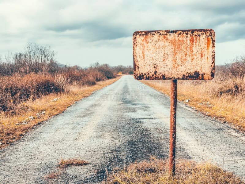 Rusty Metal Road Sign on an Empty Rural Road with Cloudy Sky Stock ...
