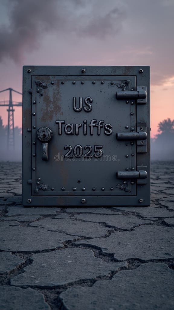 Rusty Metal Safe with Us Tariffs 2025 Text on Cracked Ground at Dusk ...