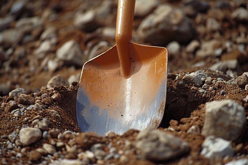 Rusty Metal Shovel Driven into Ground, Surrounded by Dirt and Rocks ...