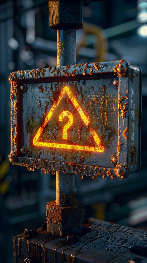 Rusty Metal Sign with Glowing Question Mark in a Dark Industrial ...