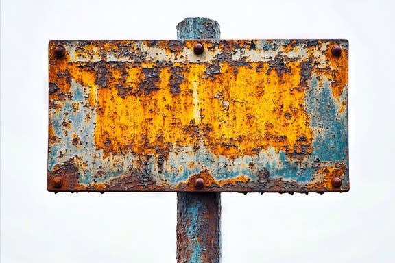 A Rusty Metal Sign with a Yellow and Blue Sign on it Stock Image ...