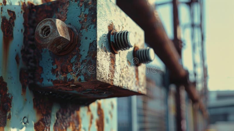Rusty Metal Structure with Nuts, Bolts, and Distant Building Stock ...