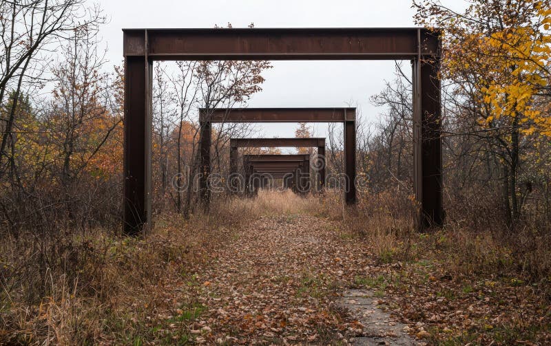 Rusty Metal Structures Framing Autumnal Pathway in Forest Stock ...
