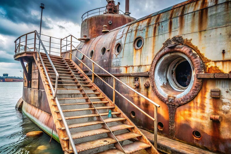 Rusty Metal Submarine or Ship Side with Stairs and Porthole Stock ...