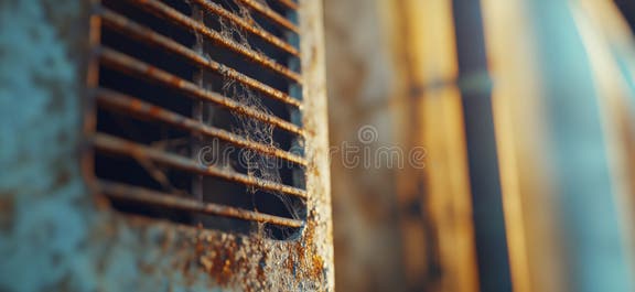 Rusty Metal Surface with Cobwebs and Ventilation Grates in Industrial ...