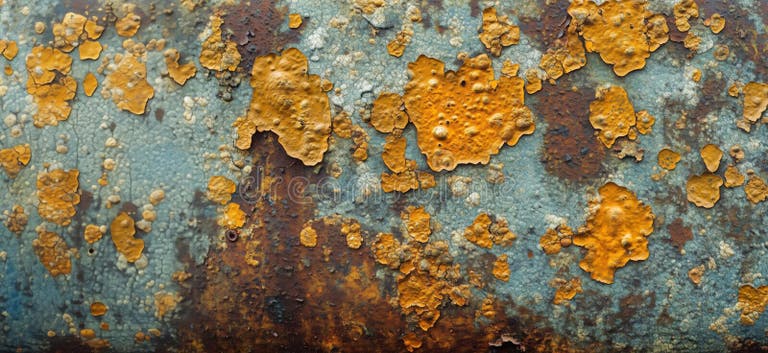 Rusty Metal Surface with Vibrant Orange and Blue Lichen Patterns and ...