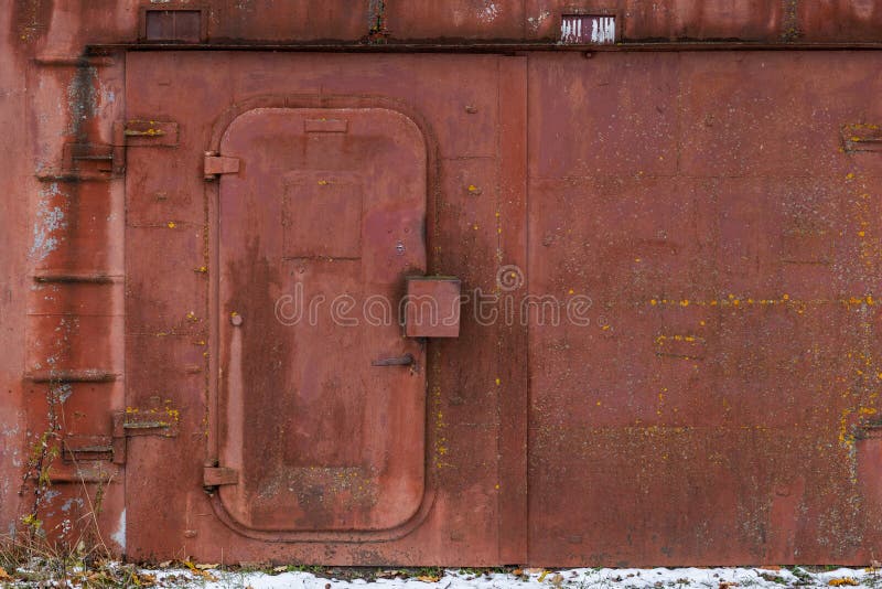 Rusty Metal Wall with Closed Door, Front View, Background Texture Stock ...
