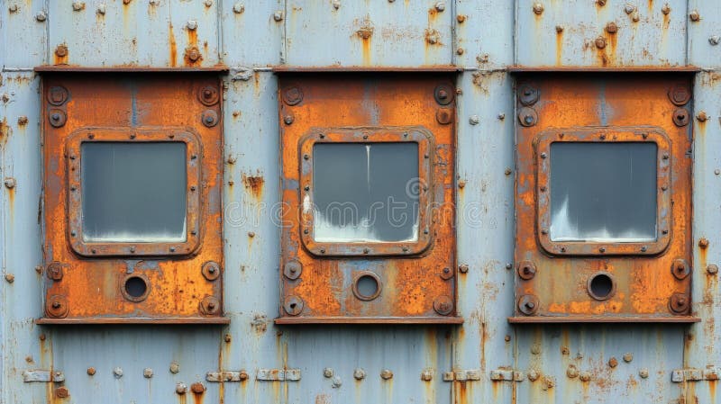 Rusty Metal Wall with Three Square Windows Stock Illustration ...
