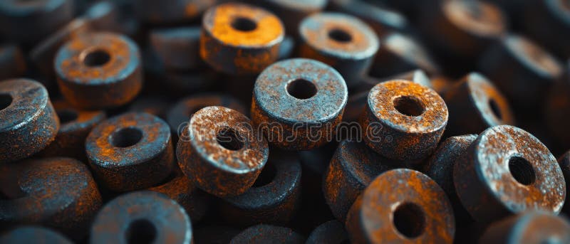 Rusty Metal Washers Stacked Together in a Workshop Setting Stock Image ...