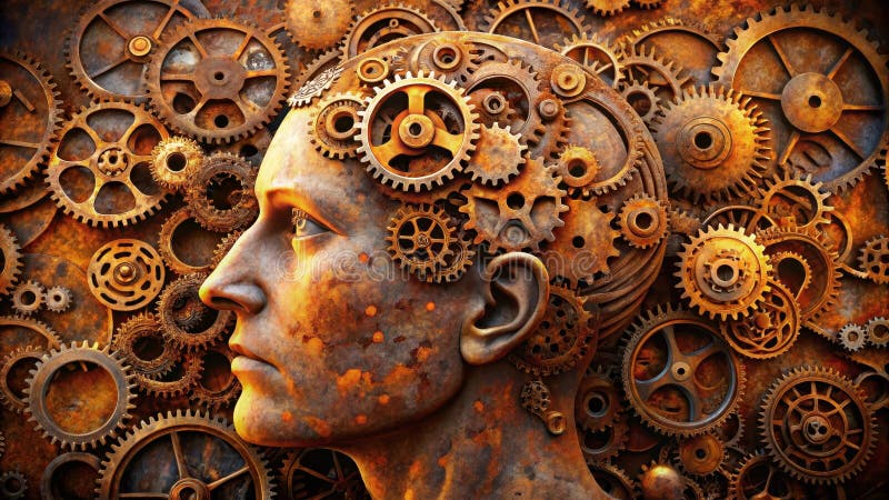 A Rusty Metallic Head with Intricate Clockwork Gears Representing the ...