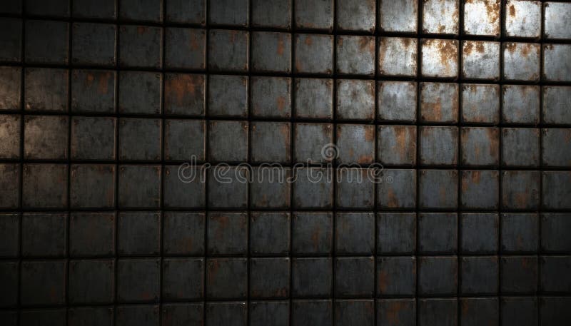 Rusty Metallic Wall with Textured Square Panels and Subtle Lighting in ...