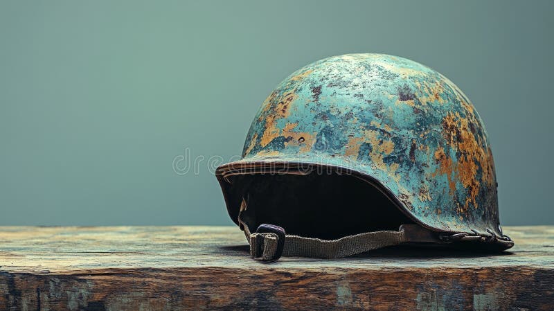 Rusty Military Helmet on a Wooden Table. Stock Image - Image of ...