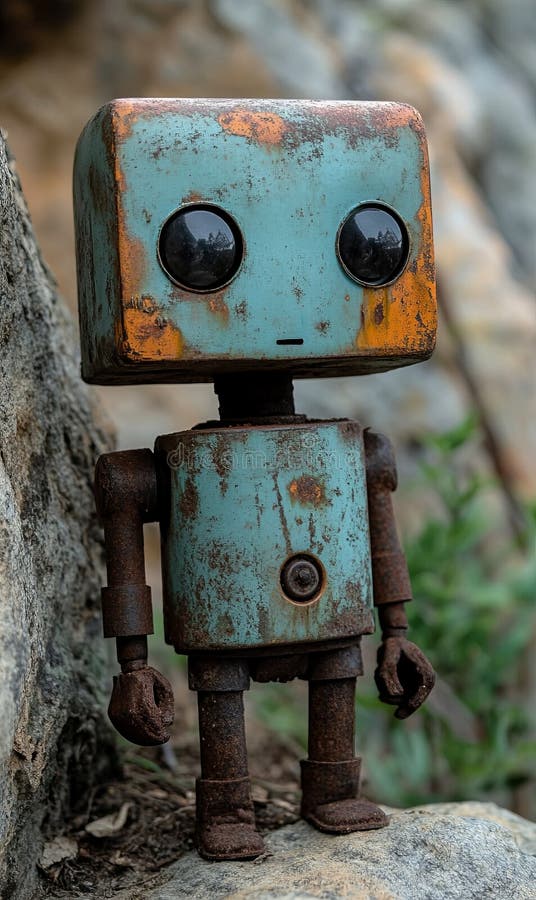 Rusty Miniature Robot Standing beside a Rock in a Natural Setting Stock ...