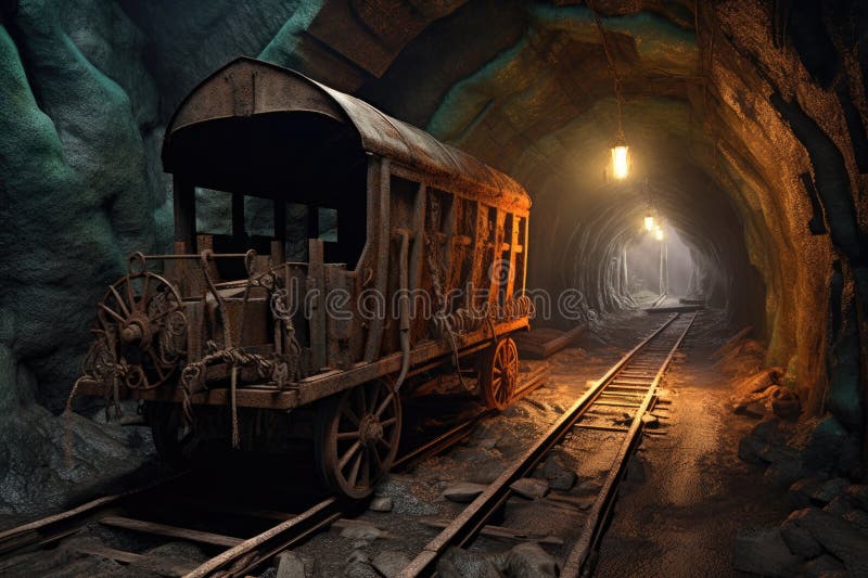 Rusty Mining Cart on Rail Tracks in Tunnel Stock Illustration ...