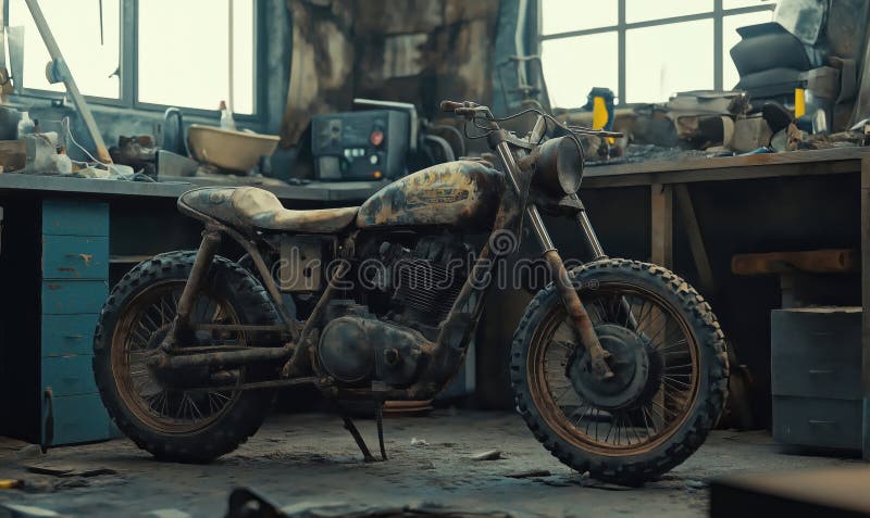 Rusty Motorcycle in Abandoned Workshop, Vintage Design, Dirt-covered ...