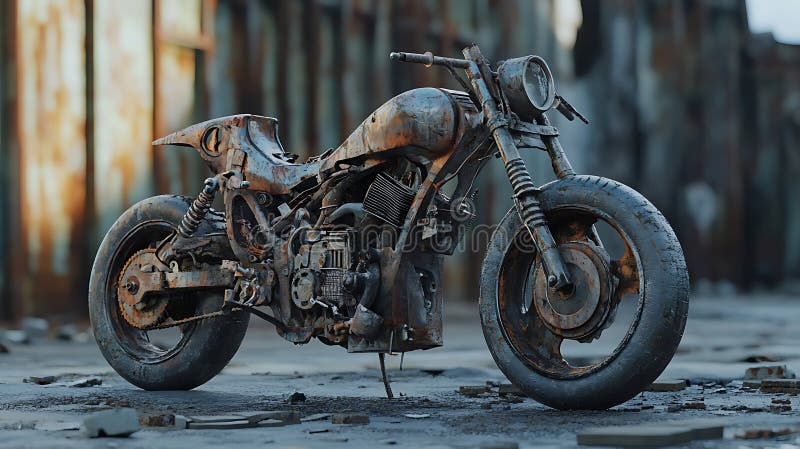 Rusty Motorcycle Parked in a Post-apocalyptic Setting Stock ...