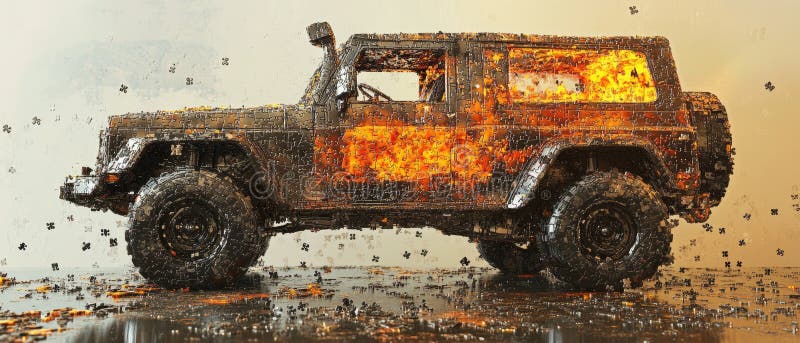 A Rusty, Mud-covered Off-road Vehicle with Flames Bursting from Its ...