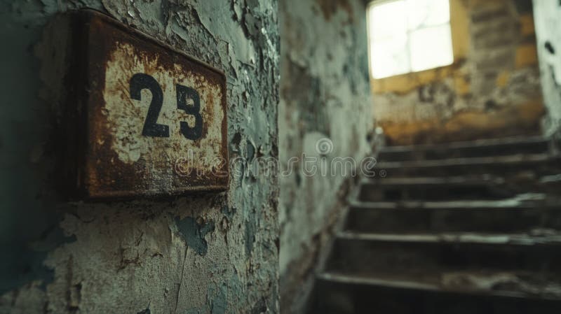 Rusty Number Twenty-Three on Peeling Wall with Blurry Staircase in ...