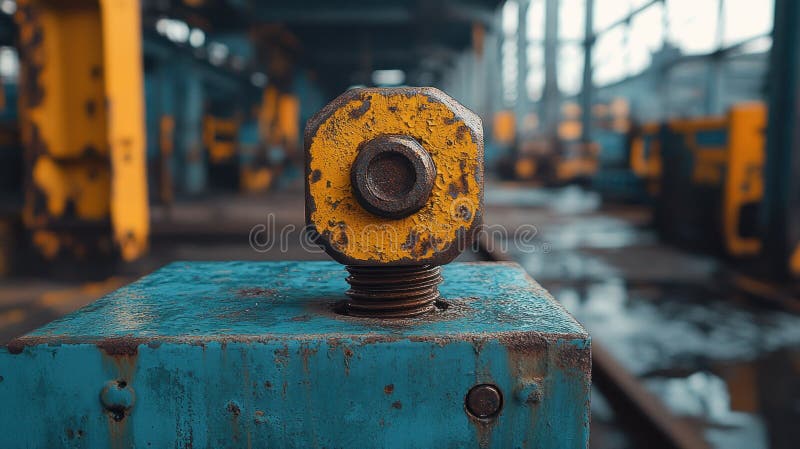 Rusty, Octagonal Bolt on a Blue Metal Block in a Factory Setting Stock ...