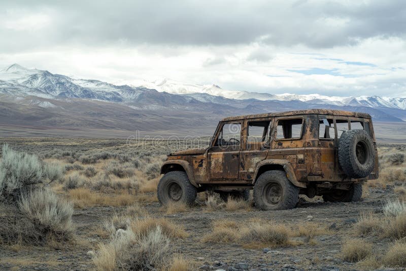 Rusty Off-Road Vehicle Abandoned in a Desolate Mountain Landscape Stock ...