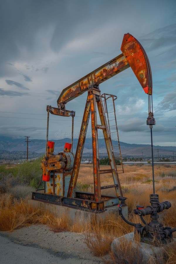 Rusty Oil Pump in a Field with Mountains in the Background. Suitable ...