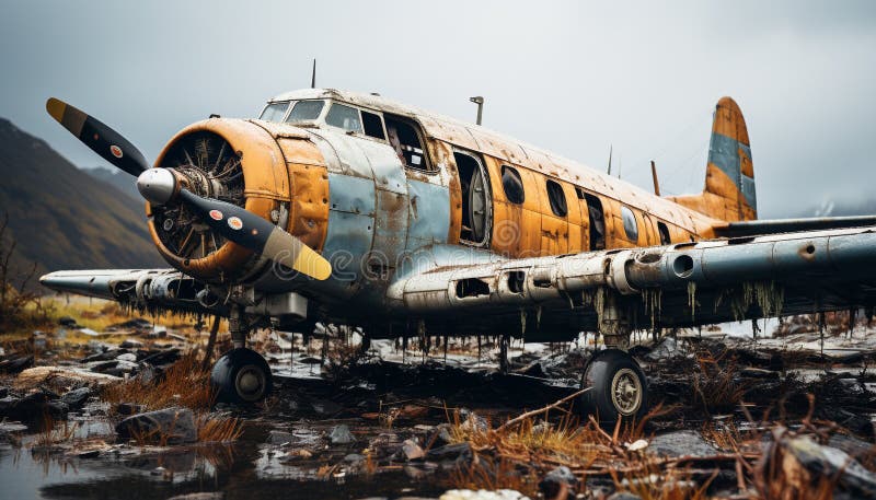 Rusty Old Airplane, Abandoned in Nature, a Broken Propeller Generated ...