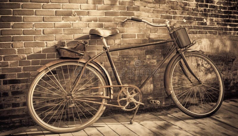 Rusty Old Bicycle Leans Against Brick Wall Generated by AI Stock ...
