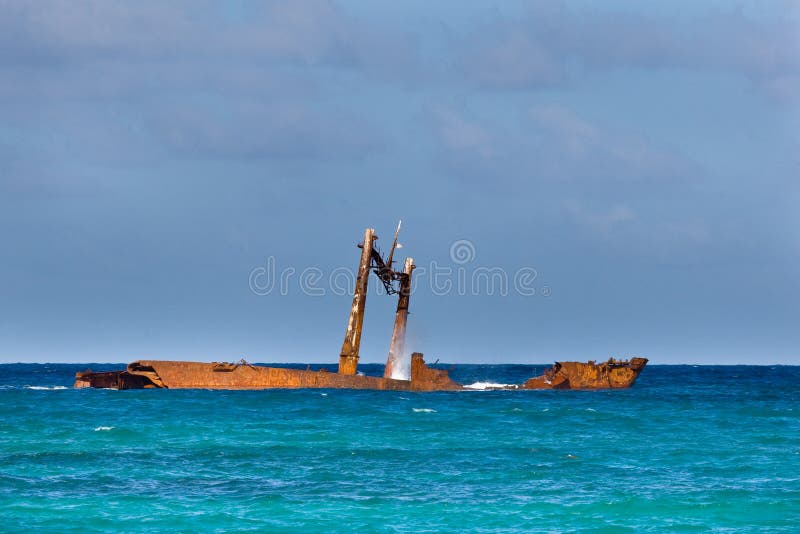 Rusty Old Broken Ship Tanker in Blue Sea Stock Photo - Image of brown ...