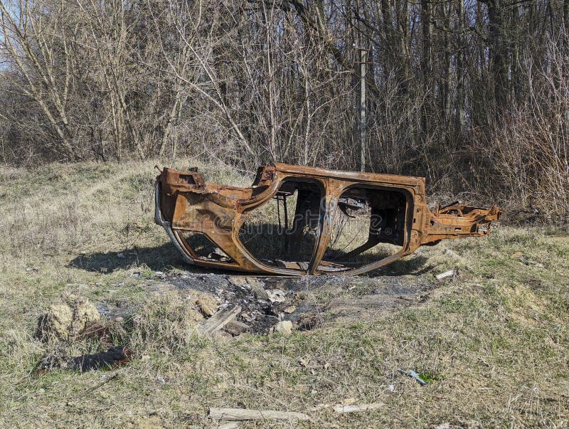 Rusty Old Car Upside Down in the Spring Forest Stock Photo - Image of ...