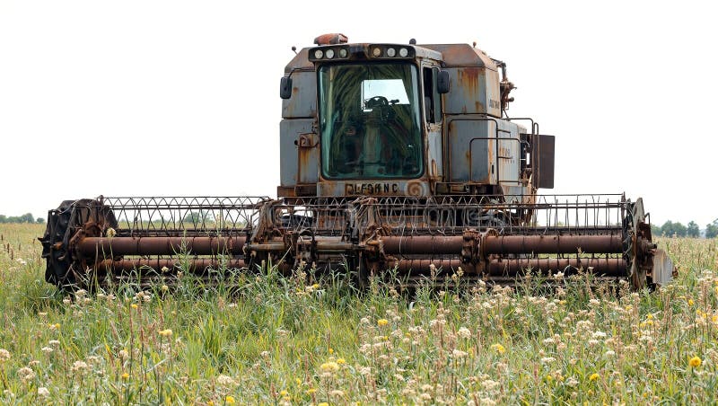 Rusty Old Combine Harvester in Tall Grass with Broken Windows and ...