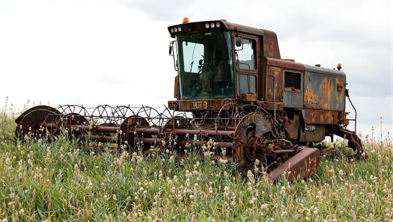 Rusty Old Combine Harvester in Tall Grass with Broken Windows and ...