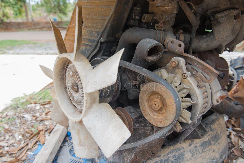 Rusty Old Dirty Car Engine Crash Repairs. in Workshop Stock Photo ...