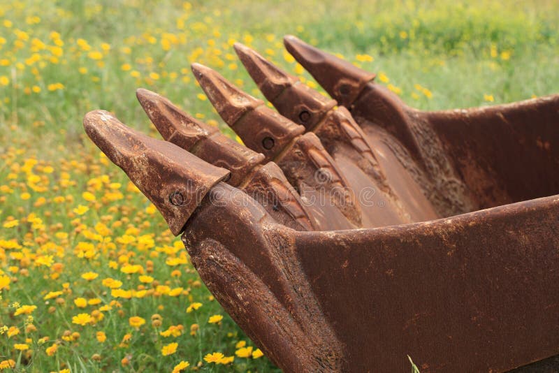 Rusty Old Excavator Bucket Close-up on the Field. Horizontal Stock ...