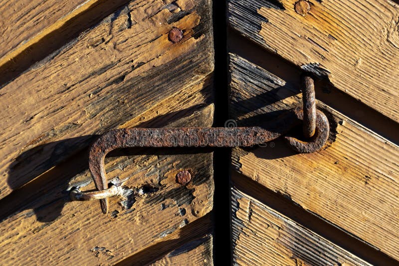 Rusty Old Hook Latch on Wooden Door Exterior Stock Image - Image of ...