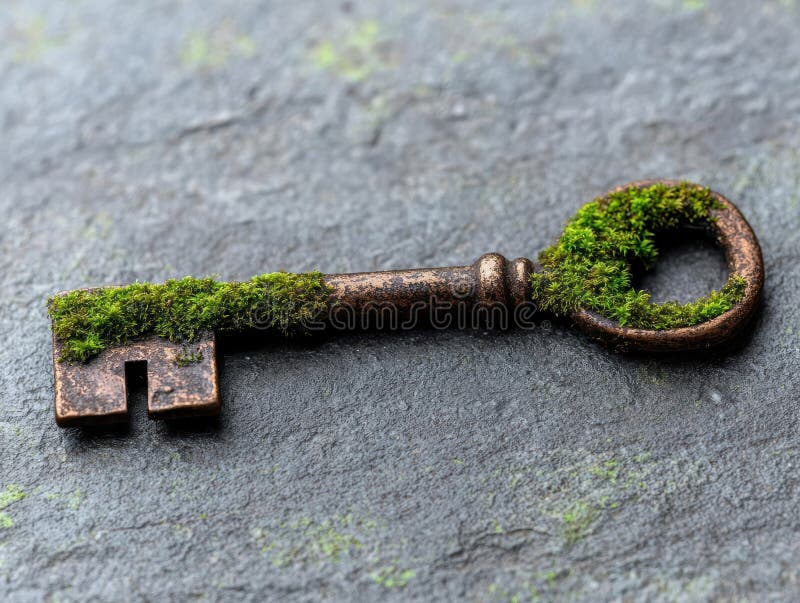 Rusty Old Key Covered in Moss on a Stone Surface Stock Illustration ...